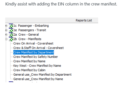 Crew Manifest by Department with EIN – eCruise Managed Services